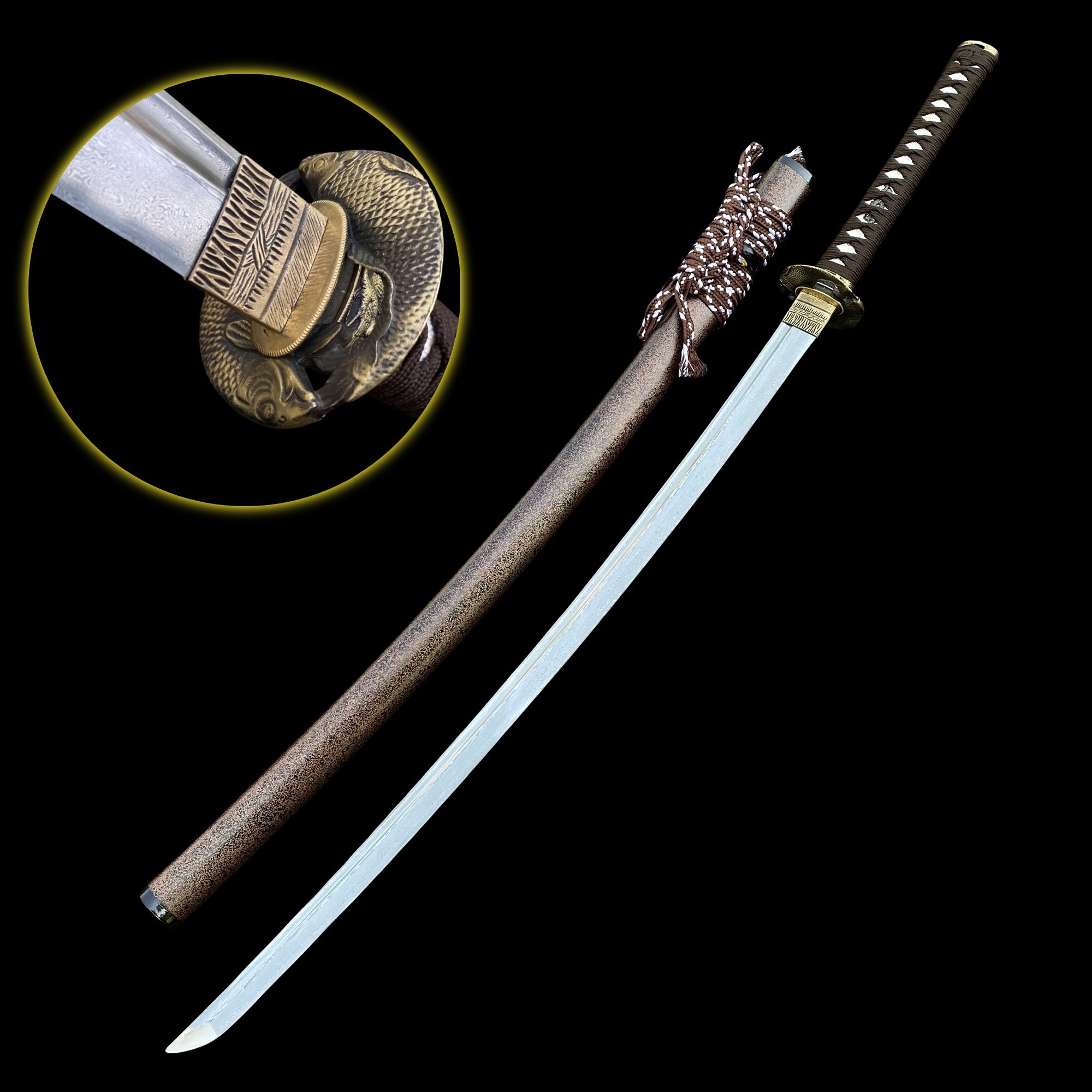 Damascus Steel Samurai Katana - Carp Fish Tsuba – Leones Marvelous Items