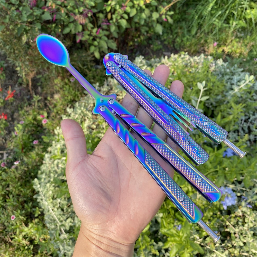 Stainless Steel Rainbow Fork Spoon Balisong Butterfly Trainer – Leones ...